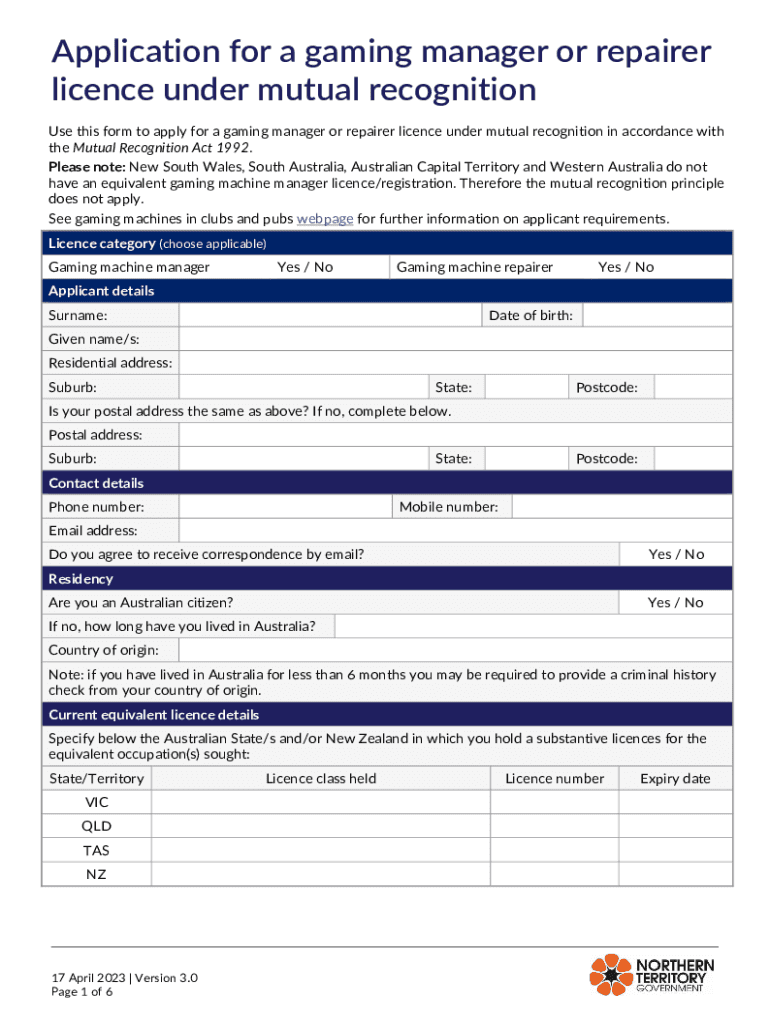Fillable Online nt gov Australian mutual recognition ...