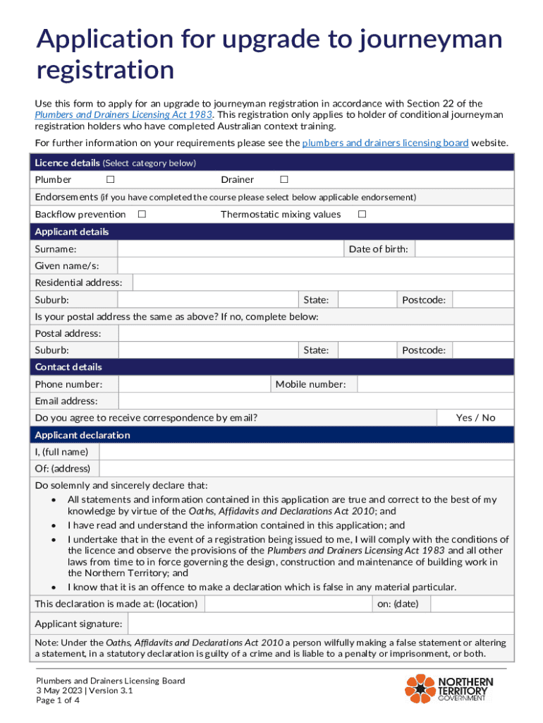 Fillable Online Application for upgrade to journeyman registration Fax ...
