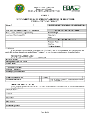 Fillable Online Annex B Notification Form for Minor Variation/s of ...