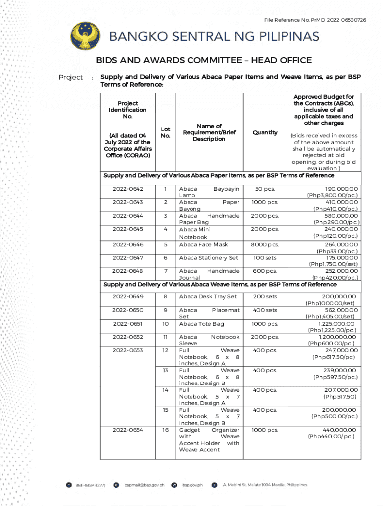 Fillable Online Supply and Delivery of Various Abaca Paper Items and ...