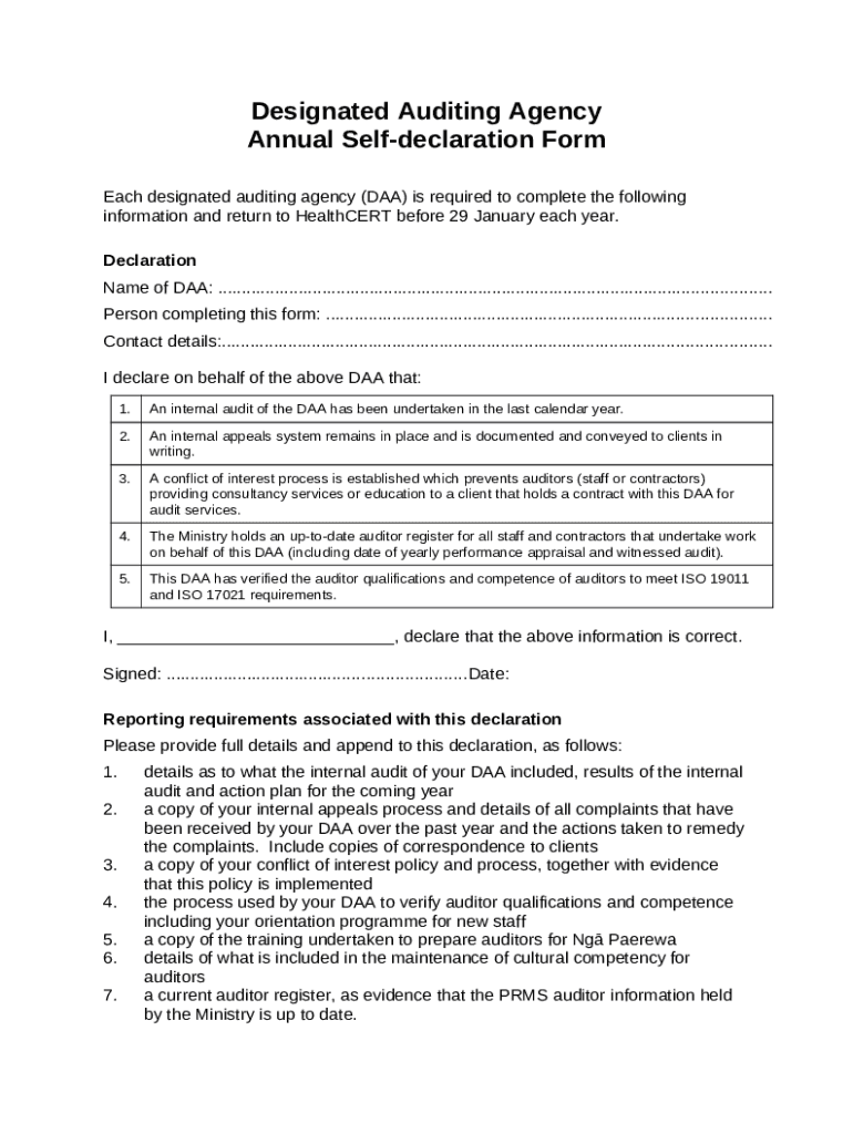 Designated Auditing Agency Annual Self-declaration Doc Template | pdfFiller