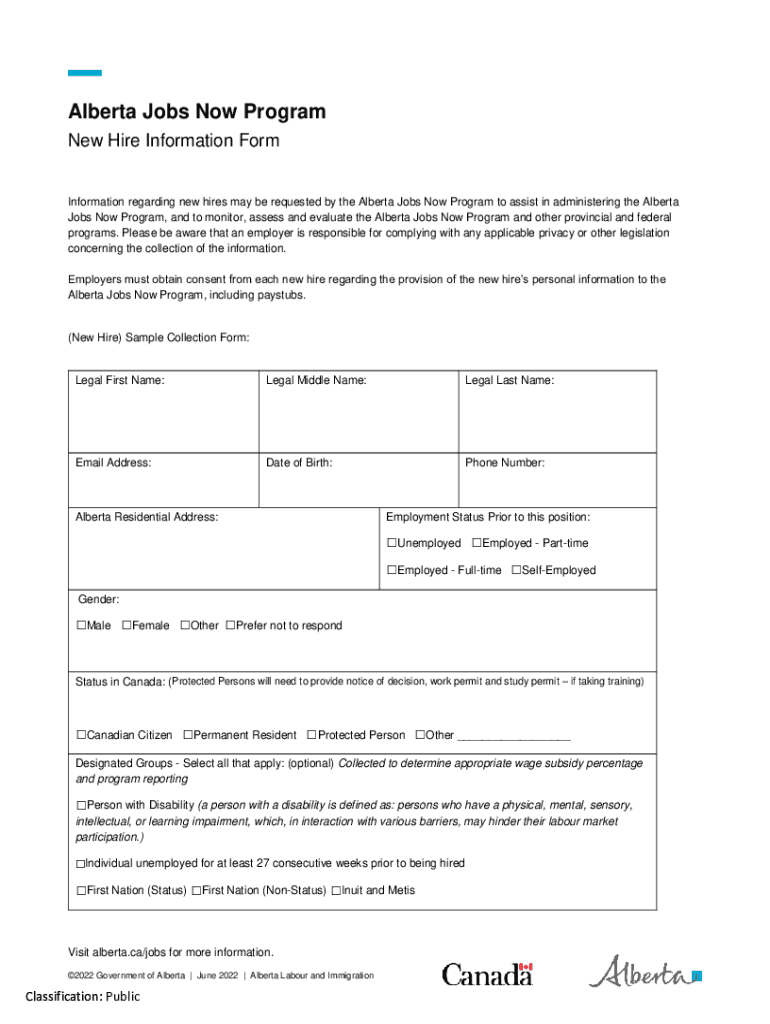 Fillable Online Alberta Jobs Now Program - New Hire Information Form Fax Email Print - pdfFiller
