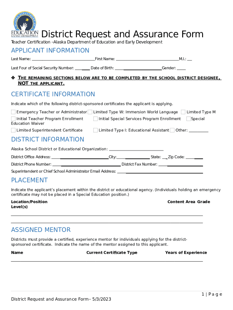 Temporary Emergency District Request and Assurance Doc Template | pdfFiller