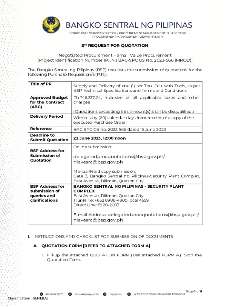 Fillable Online 3rd REQUEST FOR QUOTATION Negotiated Procurement Fax ...