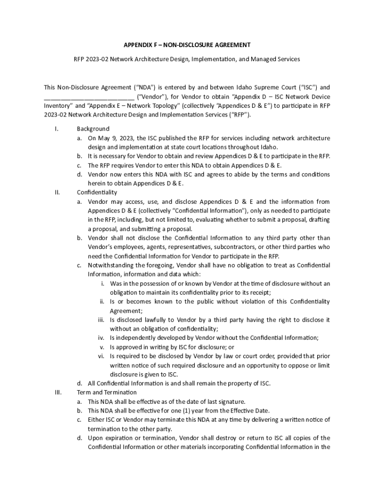 Fillable Online isc idaho Appendix FNon-Disclosure AgreementRFP 2023-02 ...