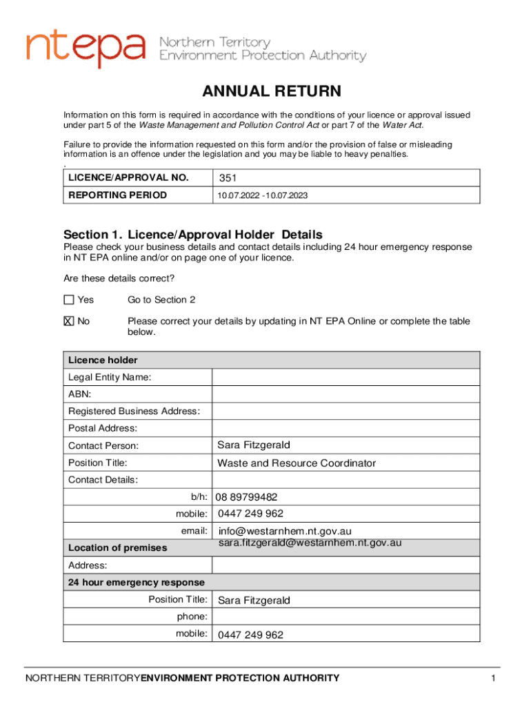 Fillable Online ntepa nt gov Annual Return Form NTEPA EPL 351 - Jabiru Landfill Fax Email Print ...