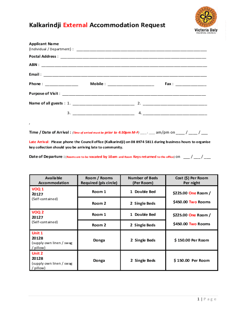 Fillable Online Kalkarindji External Accommodation Request Fax Email ...