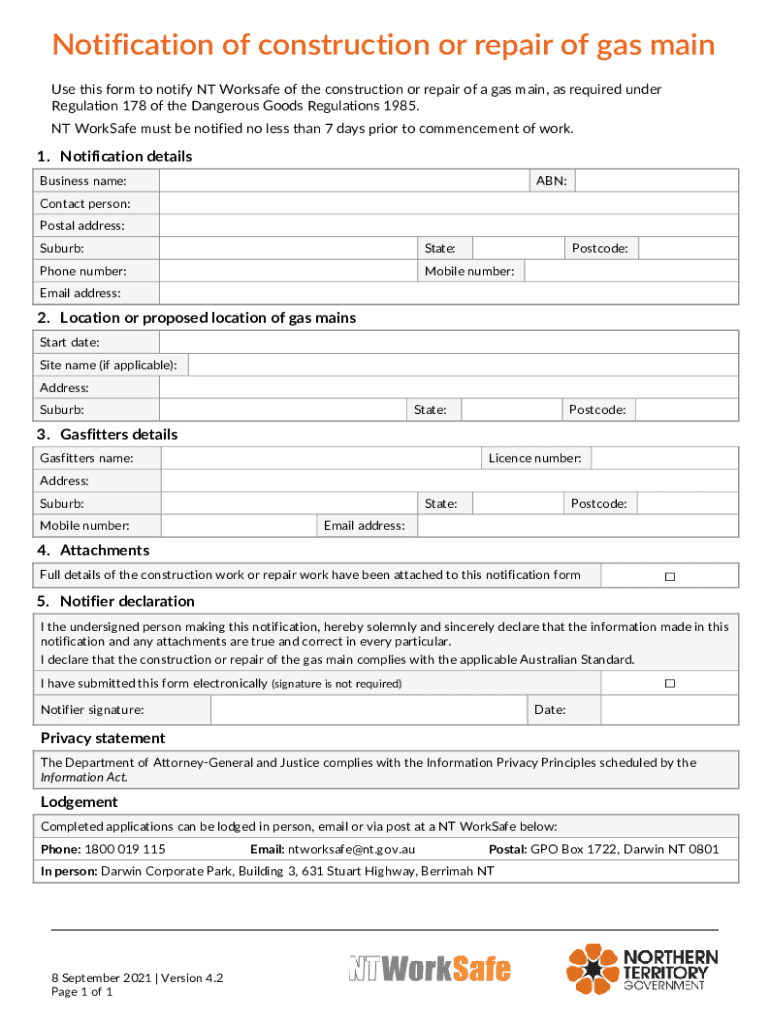 Fillable Online Notification of construction or repair of gas main Fax ...