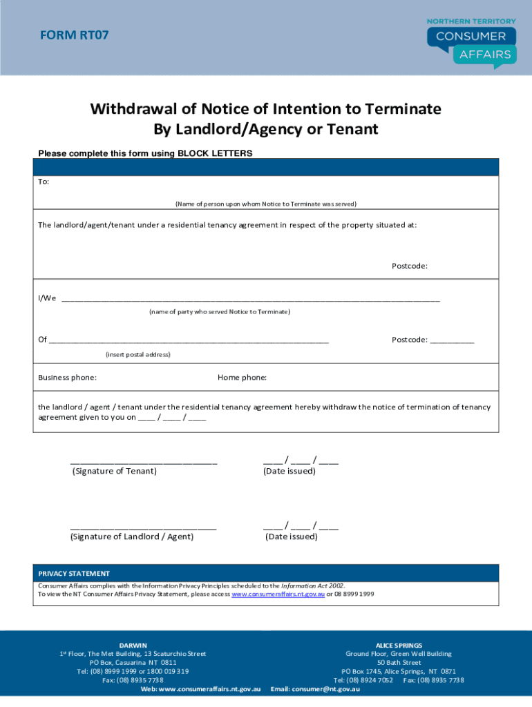 Fillable Online Withdrawal of Notice of Intention to Terminate By Landlord/ ... Fax Email Print ...