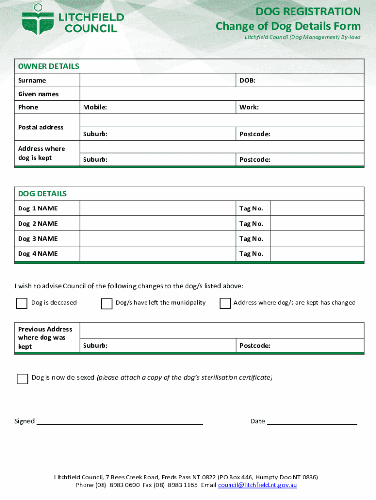 Fillable Online DOG REGISTRATION Change of Dog Details Form Fax Email ...