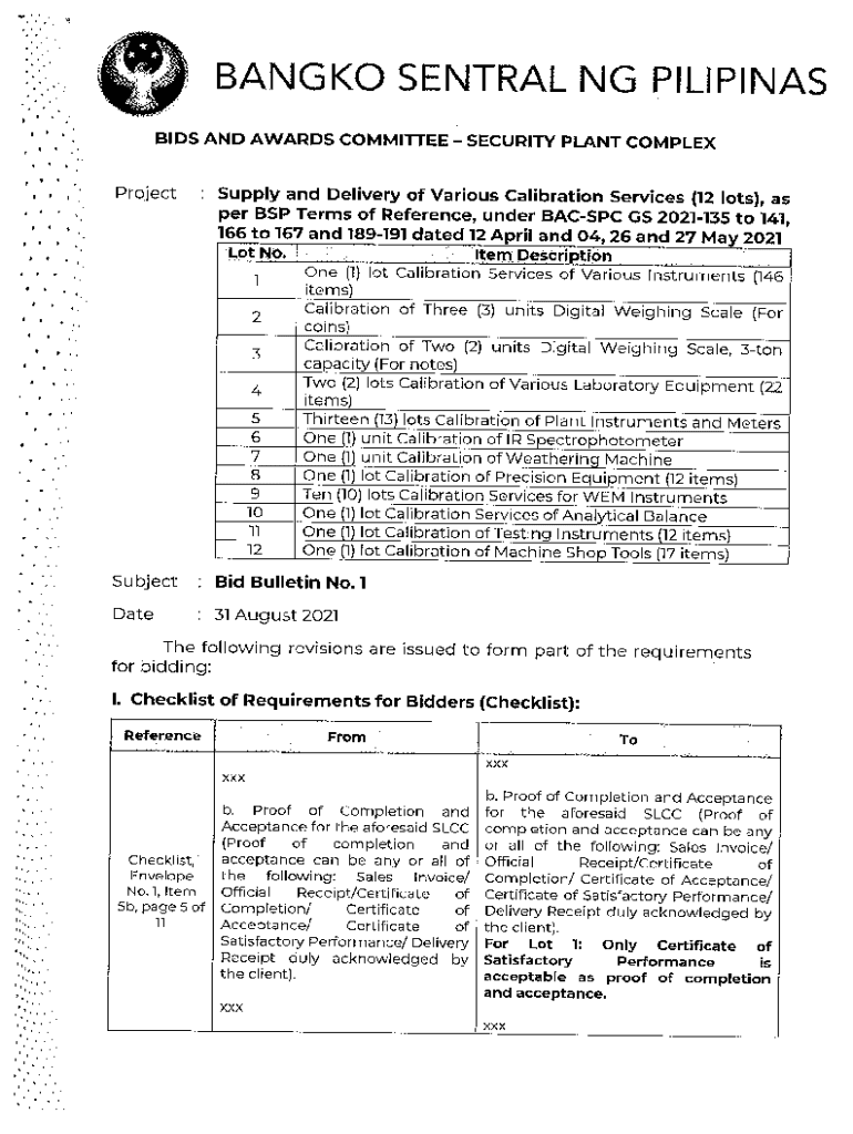 Fillable Online Various Calibration Services (12 lots), as per BSP ...