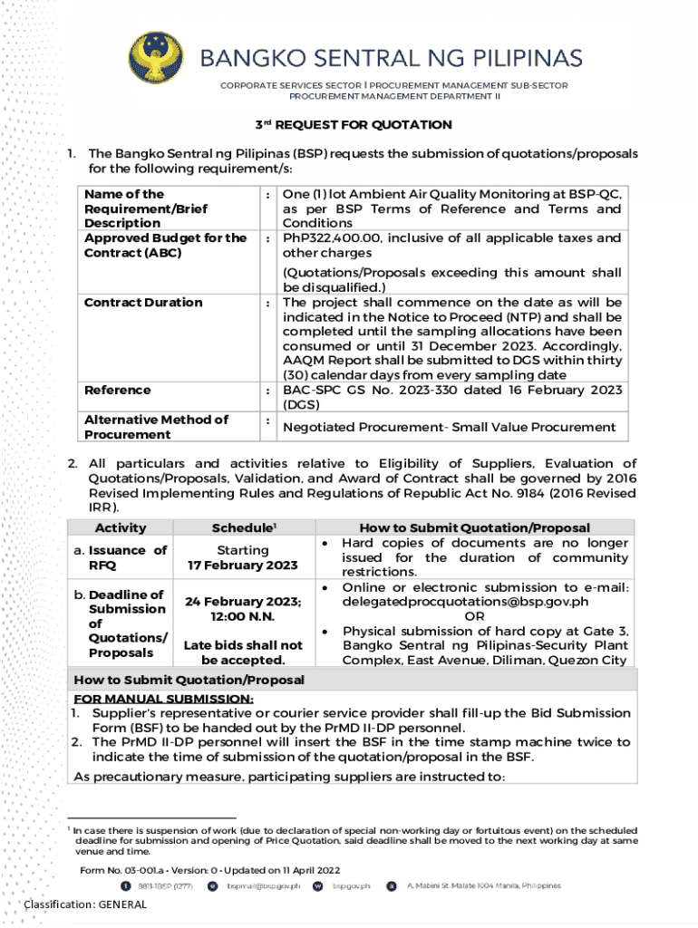 Fillable Online GENERAL 3rd REQUEST FOR QUOTATION 1. The ... Fax Email ...