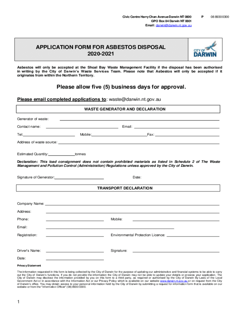 Fillable Online application form for asbestos disposal 2020-2021 Fax ...