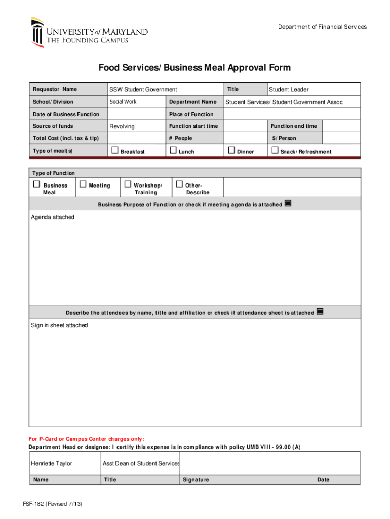 Fillable Online Food Services/Business Meal Approval Form Fax Email ...