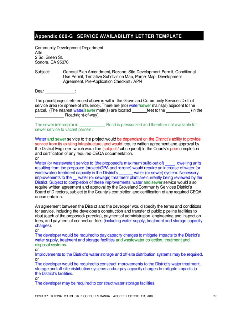 Fillable Online 600-G, Service Availability Letter Template Fax Email ...