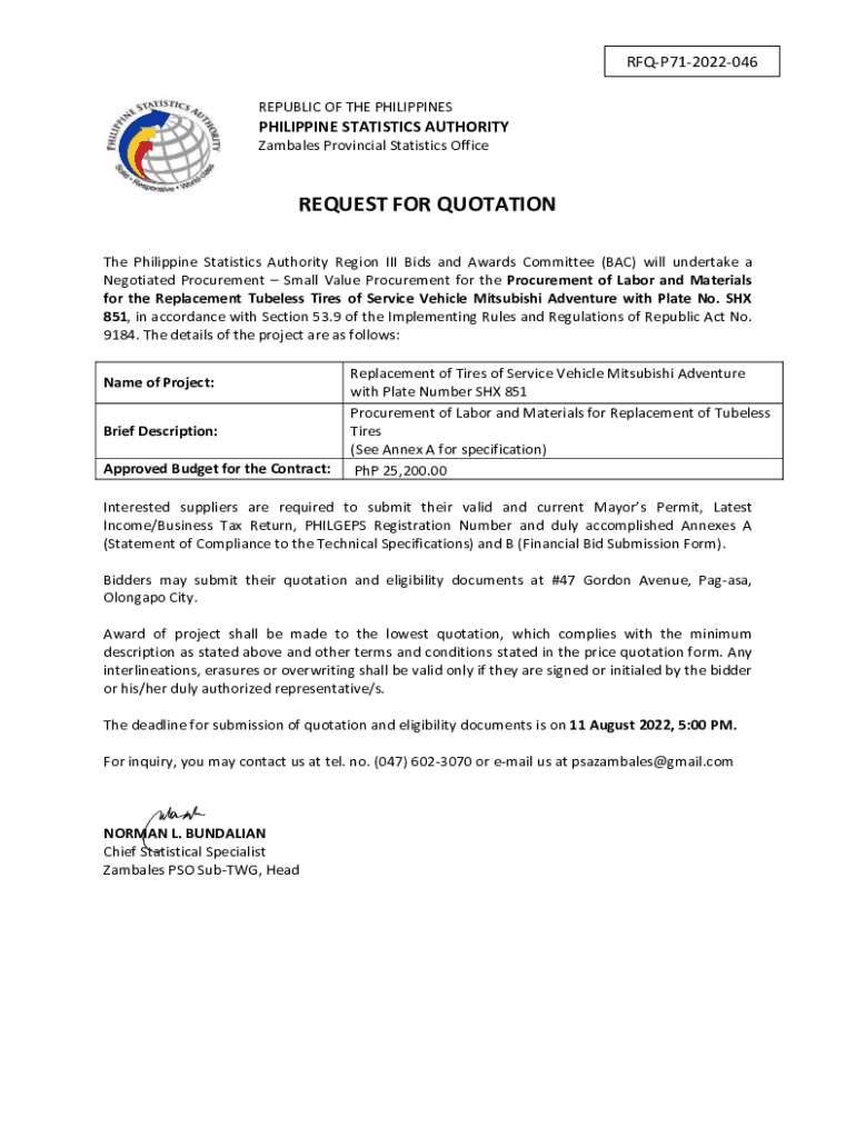 Fillable Online REQUEST FOR QUOTATION: Procurement of Labor and ... Fax ...