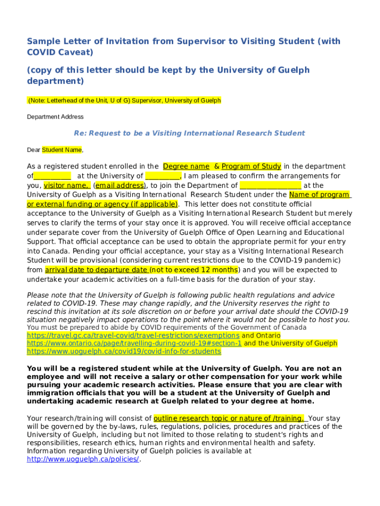 Sample Letter of Invitation from Supervisor to Visiting Student Doc ...