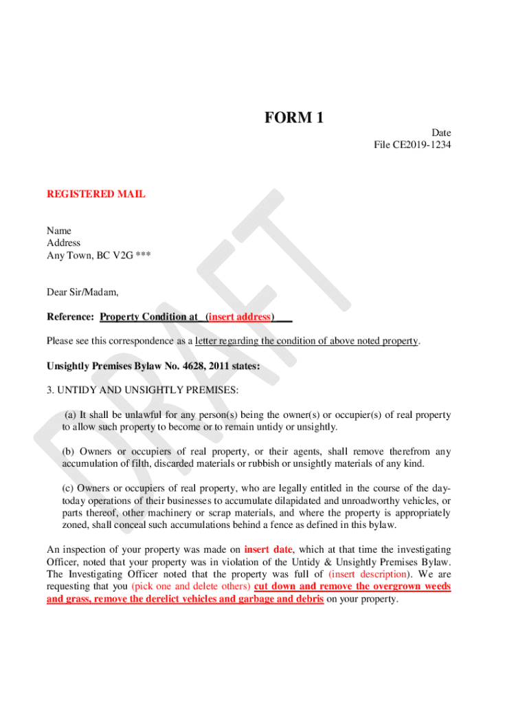 Fillable Online First Unsightly Premises Letter - Draft (Form 1).doc ...