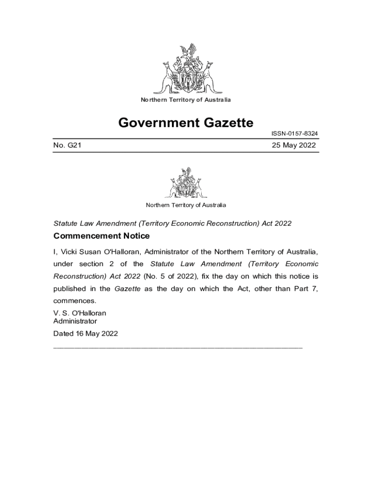 Fillable Online nt gov Northern Territory Numbered Regulations Fax ...