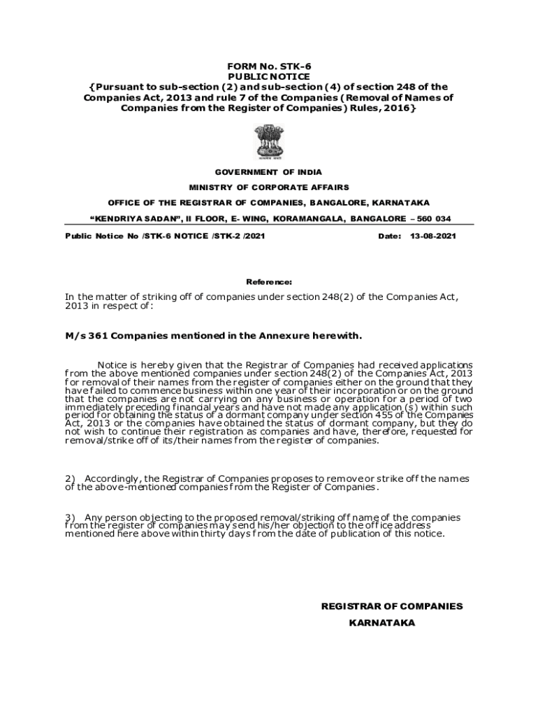 Fillable Online mca gov FORM No. STK-6 PUBLIC NOTICE Pursuant to sub ...