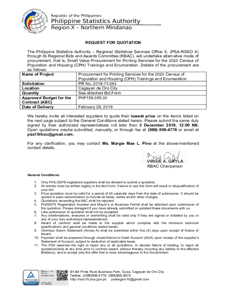 Fillable Online procurement, that is, Small Value Procurement for Printing Services for the 2020 ...