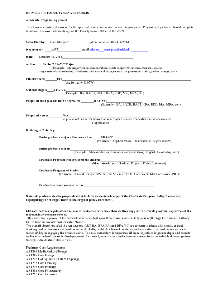 Fillable Online facsen udel FY15 BFA-VC Academic Program Approval ...