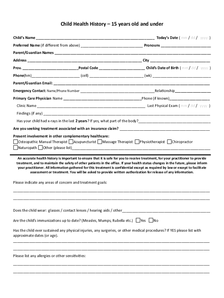 Fillable Online Child Health History15 years old and under Fax Email ...