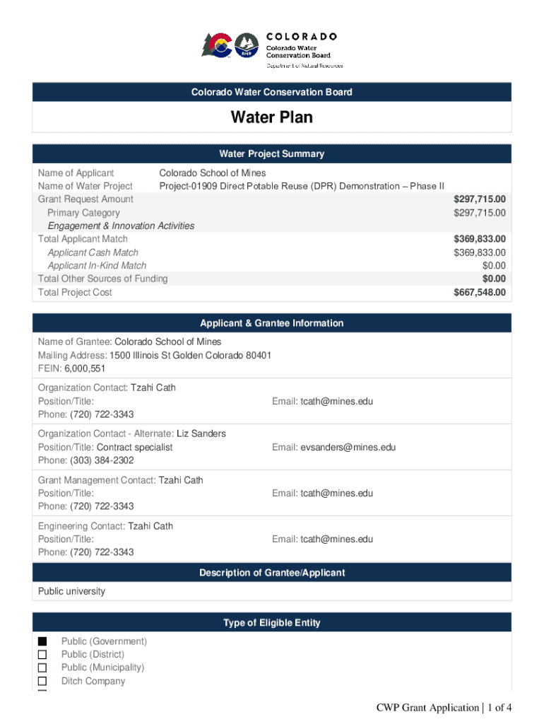 Fillable Online Phase 2 Colorado School of Mines Water Plan Grant ...