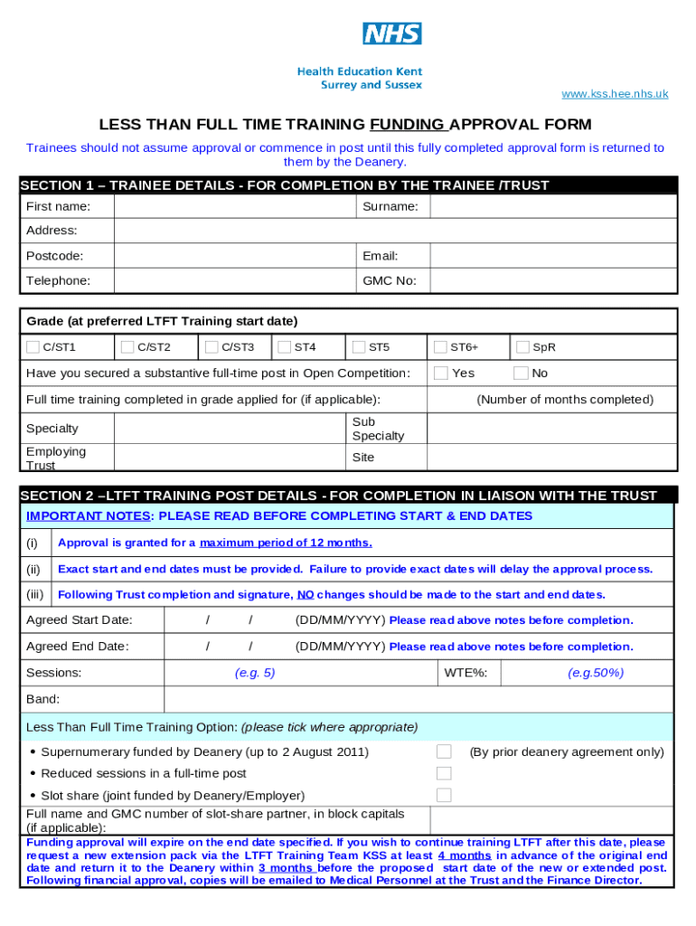 LESS THAN FULL TIME TRAINING APPROVAL (Foundation) Doc Template | pdfFiller