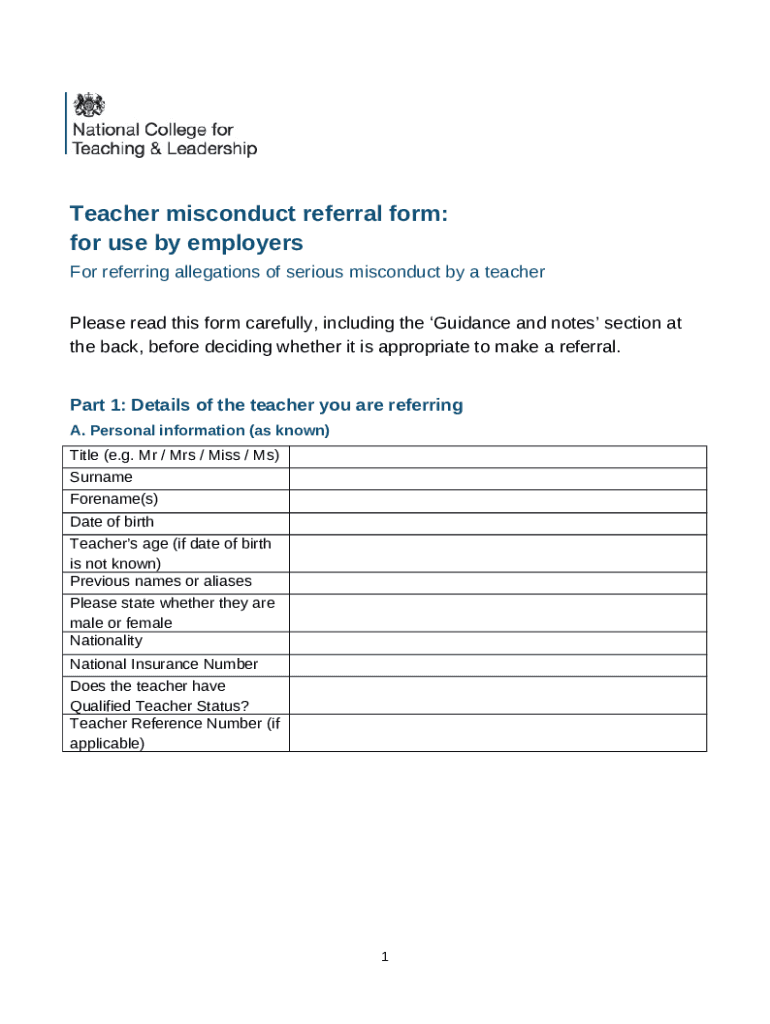 NCTL teacher misconduct referral for use by employers Doc Template | pdfFiller