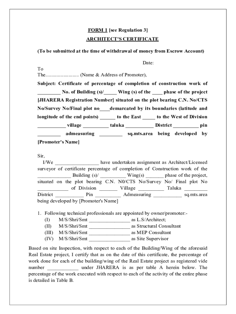 Fillable Online FORM 1 see Regulation 3 ARCHITECT'S CERTIFICATE ...