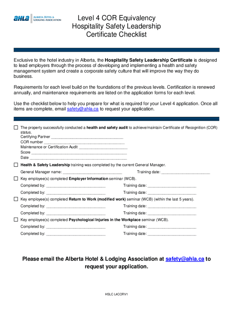 Fillable Online Level 4 Hospitality Safety Leadership Certificate ...