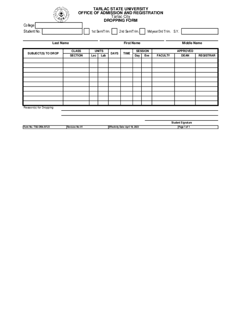 Fillable Online Tarlac City DROPPING FORM Fax Email Print - pdfFiller