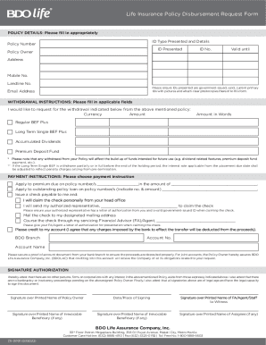 Fillable Online Life Insurance Policy Disbursement Request Form Fax ...