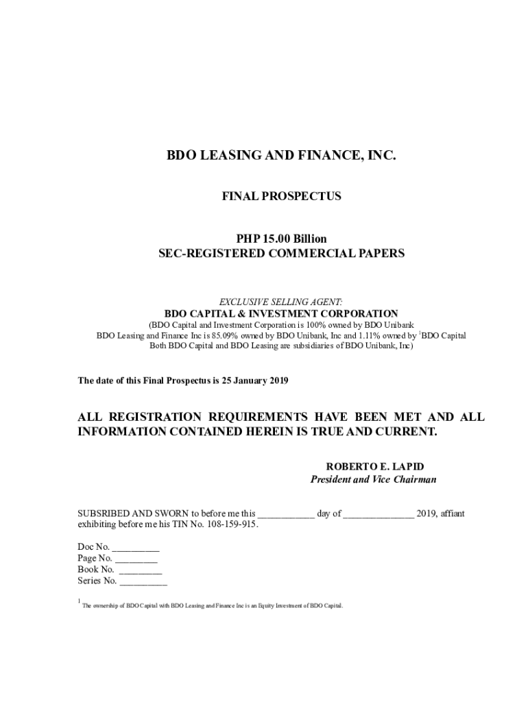 Fillable Online BDO Leasing cleared to issue P15 billion commercial ...