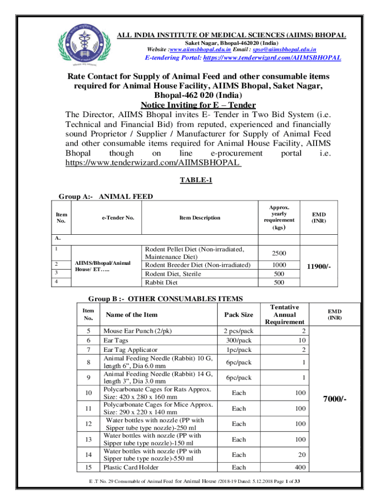 Fillable Online aiimsbhopal edu E-Procurement Tender - Bhopal Fax Email ...