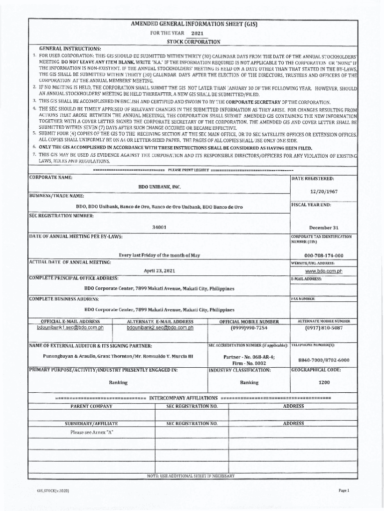 Fillable Online General Information Sheet (GIS) of BDO Unibank, Inc. for ... Fax Email Print ...