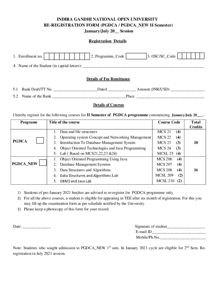 Fillable Online IGNOU Re-registration 2023, Form, July (Out) Fax Email ...