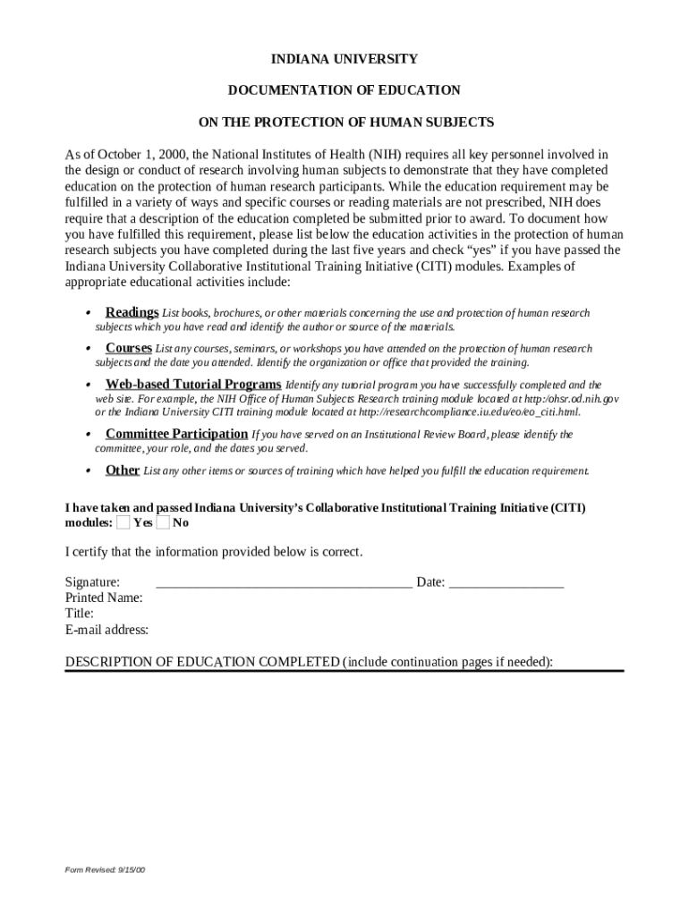 DOCUMENTATION OF EDUCATION ON THE PROTECTION OF HUMAN SUBJECTS ...