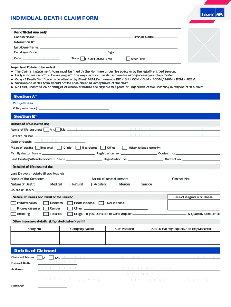 Fillable Online HDFC-Life-Individual-Death-Claim-Form. ... Fax Email ...