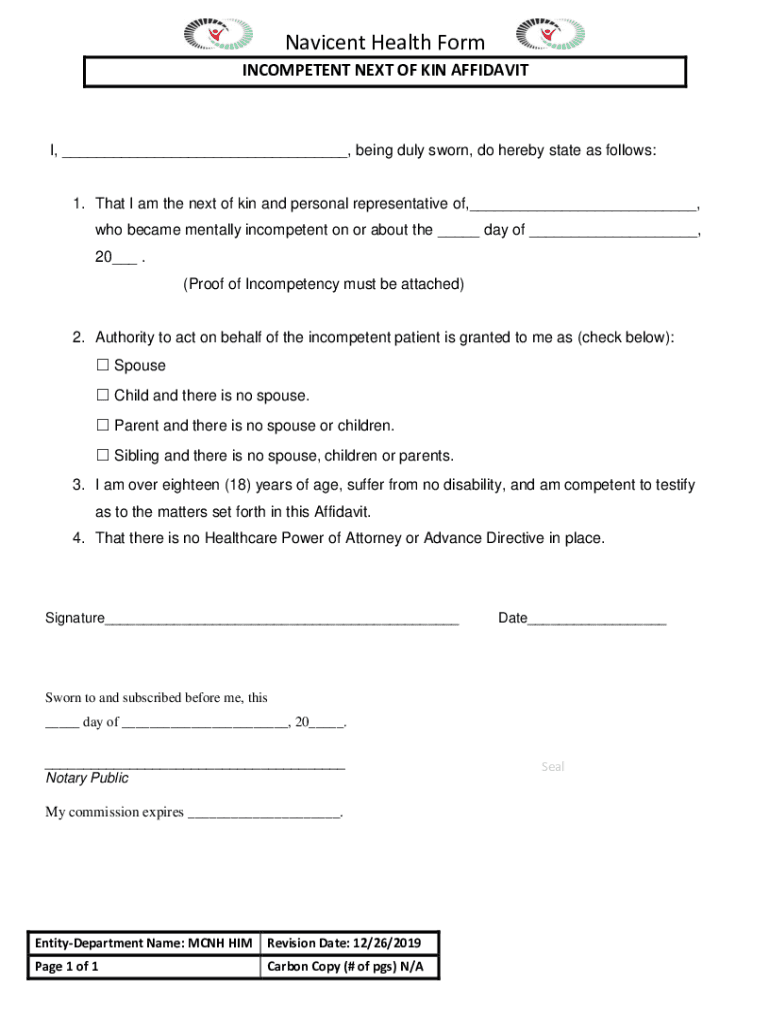 Fillable Online Affidavit Of Surviving Spouse Or Next Of Kin Seeking