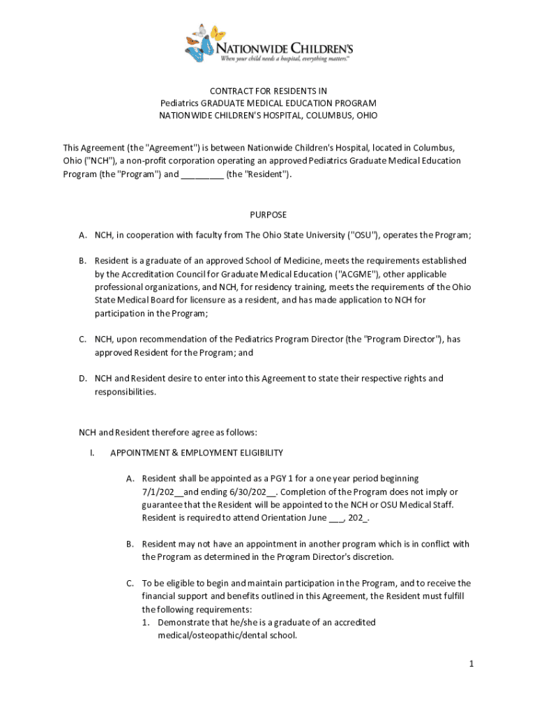 Fillable Online 1 CONTRACT FOR RESIDENTS IN Pediatrics GRADUATE ... Fax ...