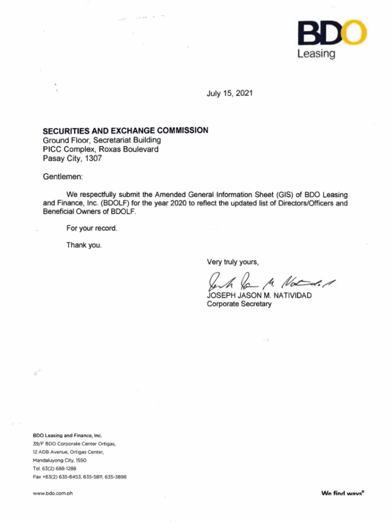 Fillable Online BDO Leasing and Finance Inc.Amended GIS 2020notarized ...