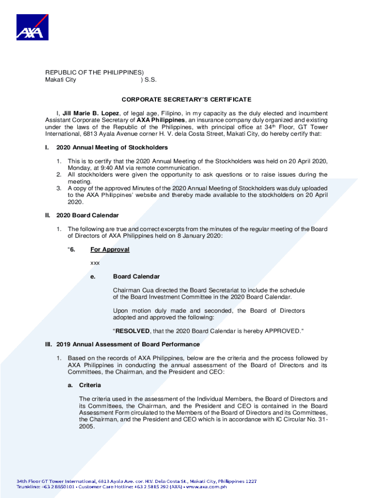 Fillable Online Secretary'S Certificate: 1.! I Am The Duly Elected and ...