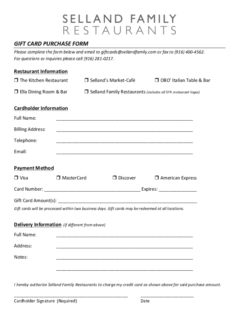 Fillable Online GIFT CARD PURCHASE FORM Fax Email Print - pdfFiller