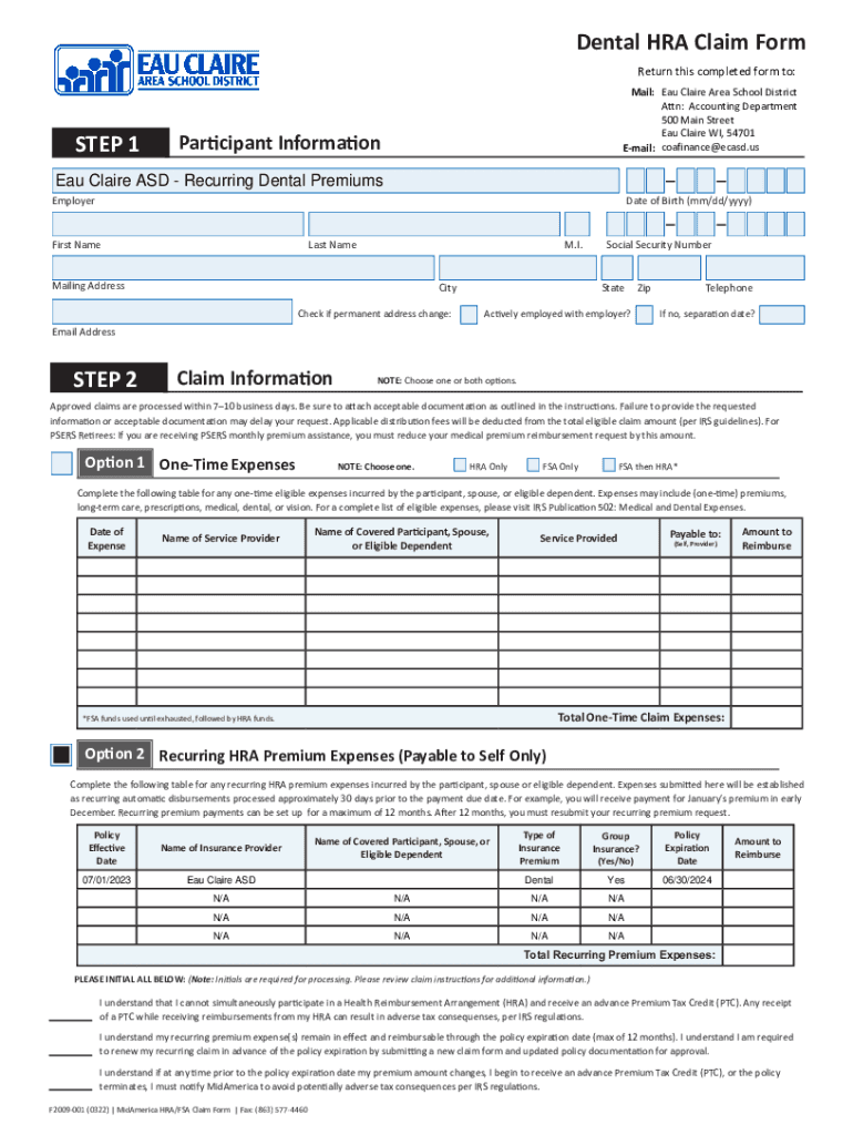 Fillable Online Dental HRA Claim Form STEP 2 STEP 1 Fax Email Print ...