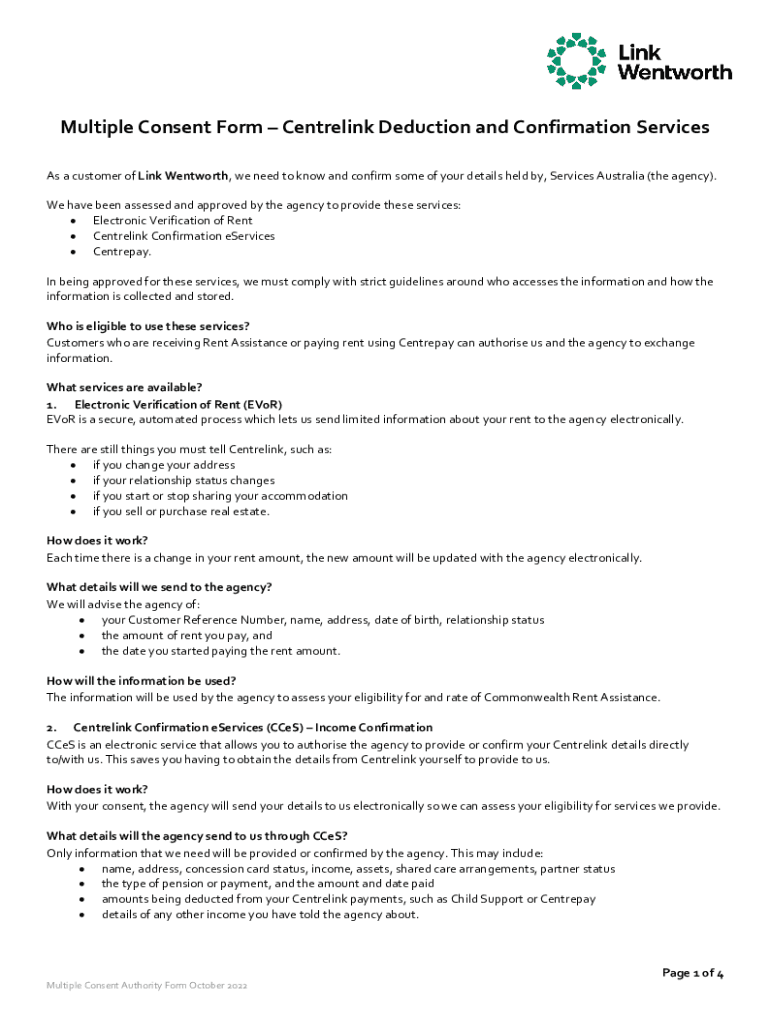 Fillable Online Multiple Consent Form Centrelink Deduction and Confirmation Services Fax Email ...