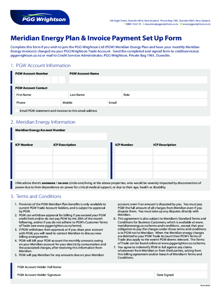 Fillable Online Meridian Energy Plan & Invoice Payment Set Up Form Fax ...