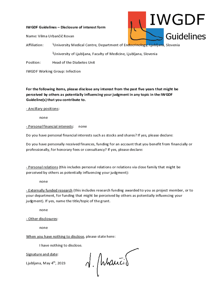 Fillable Online Disclosure of interest form Name: Vilma ... - IWGDF ...