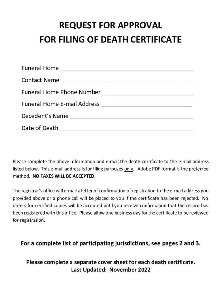 Fillable Online Request for approval for filing of death certificate Fax Email Print - pdfFiller